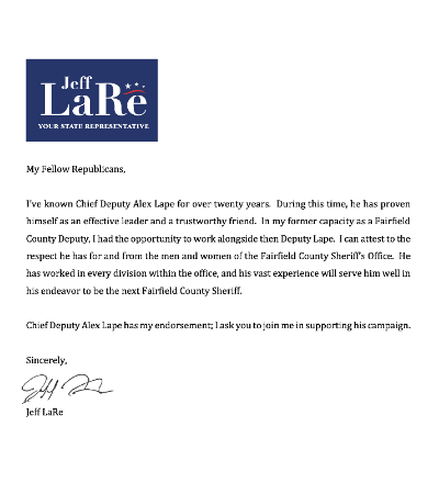 Letter of Endorsements - Alex Lape for Sheriff - Fairfield County, Ohio